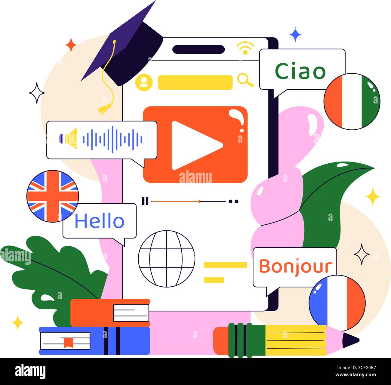 Online Language Learning Vector Illustration Featuring Courses, Training Programs, and Studying ...