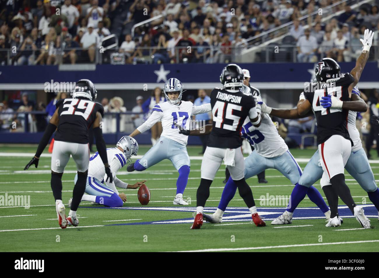 Dallas Cowboys kicker Brandon Aubrey (17) attempts and kicks a 64 yard ...