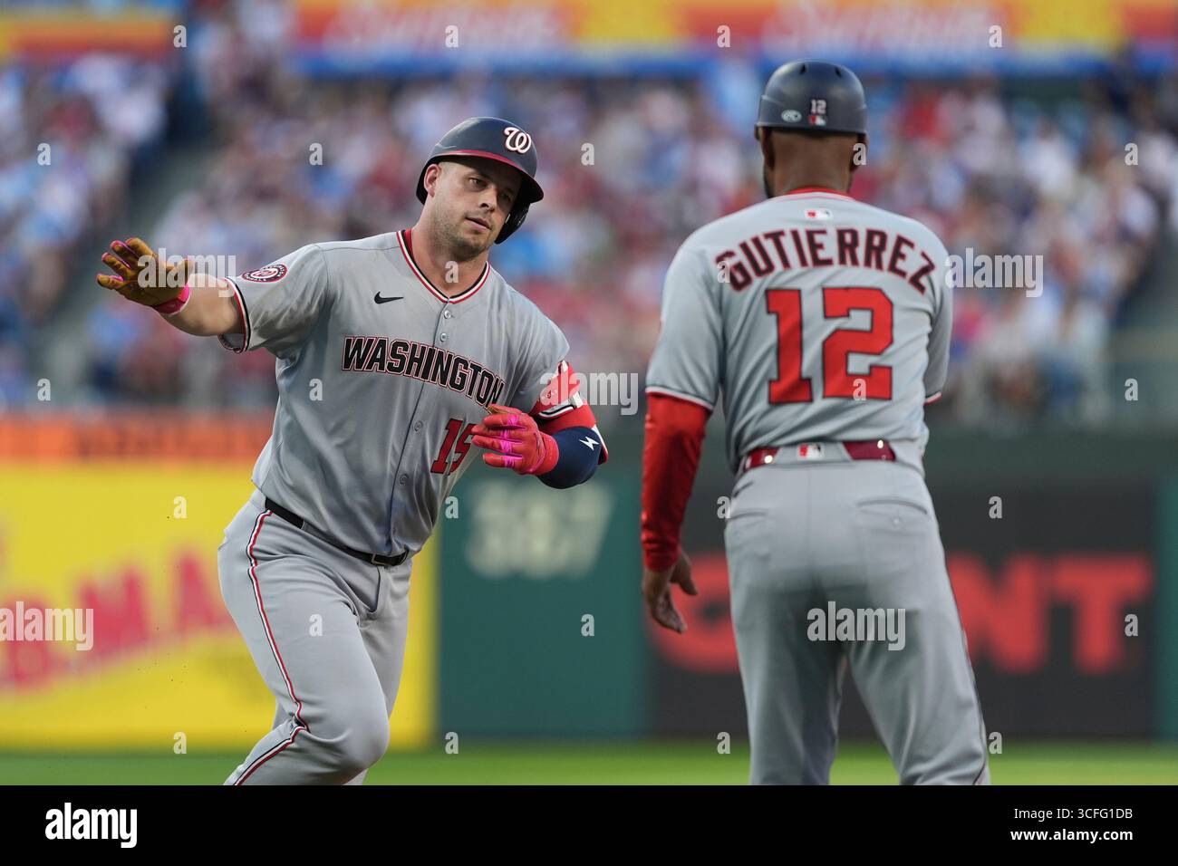 Washington Nationals' Riley Adams reacts after a home run during a ...