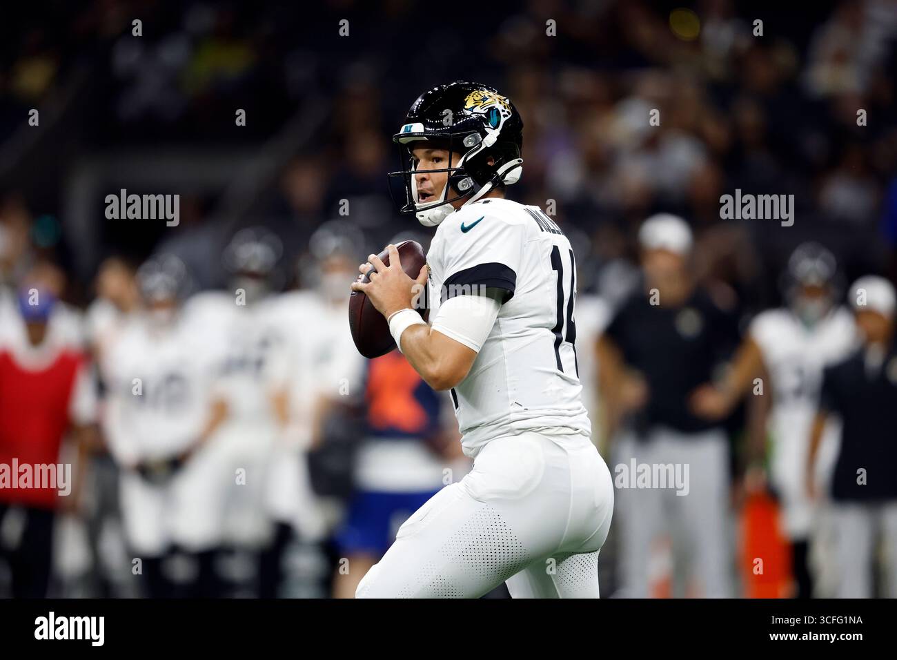 Jacksonville Jaguars quarterback Nick Mullens (14) looks to pass during ...