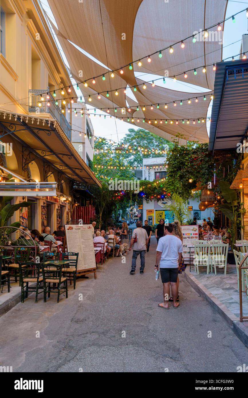 Evening filled restaurants in the Psiri area of Athens, Greece Stock ...