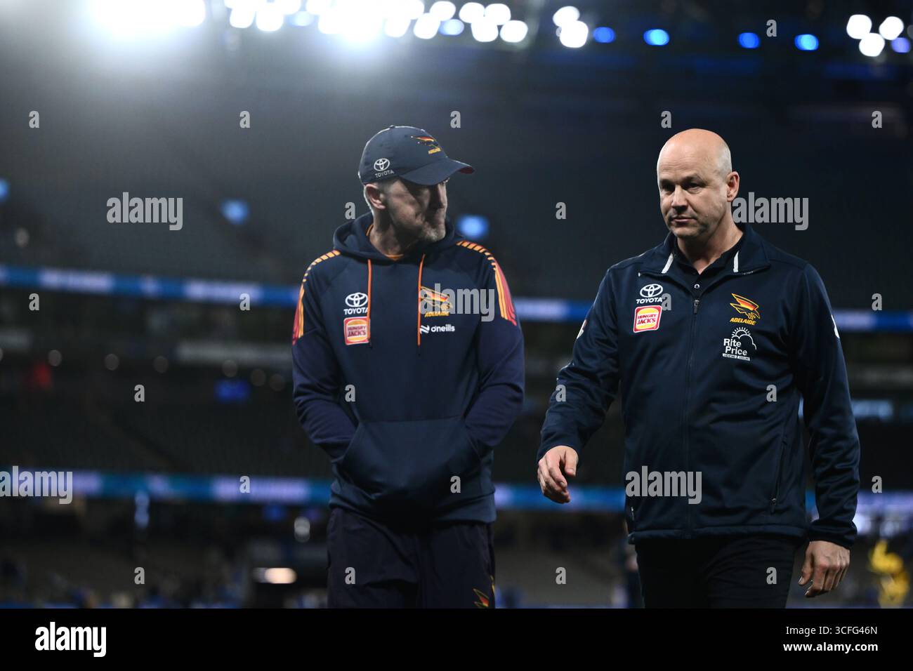 Adelaide Crows head coach Matthew Nicks (right) ahead of the AFL Round ...