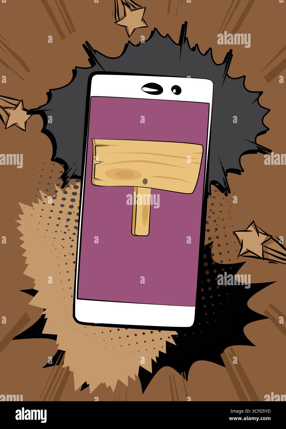 Cartoon Smartphone, comic book Telephone with wood signboard. Retro ...