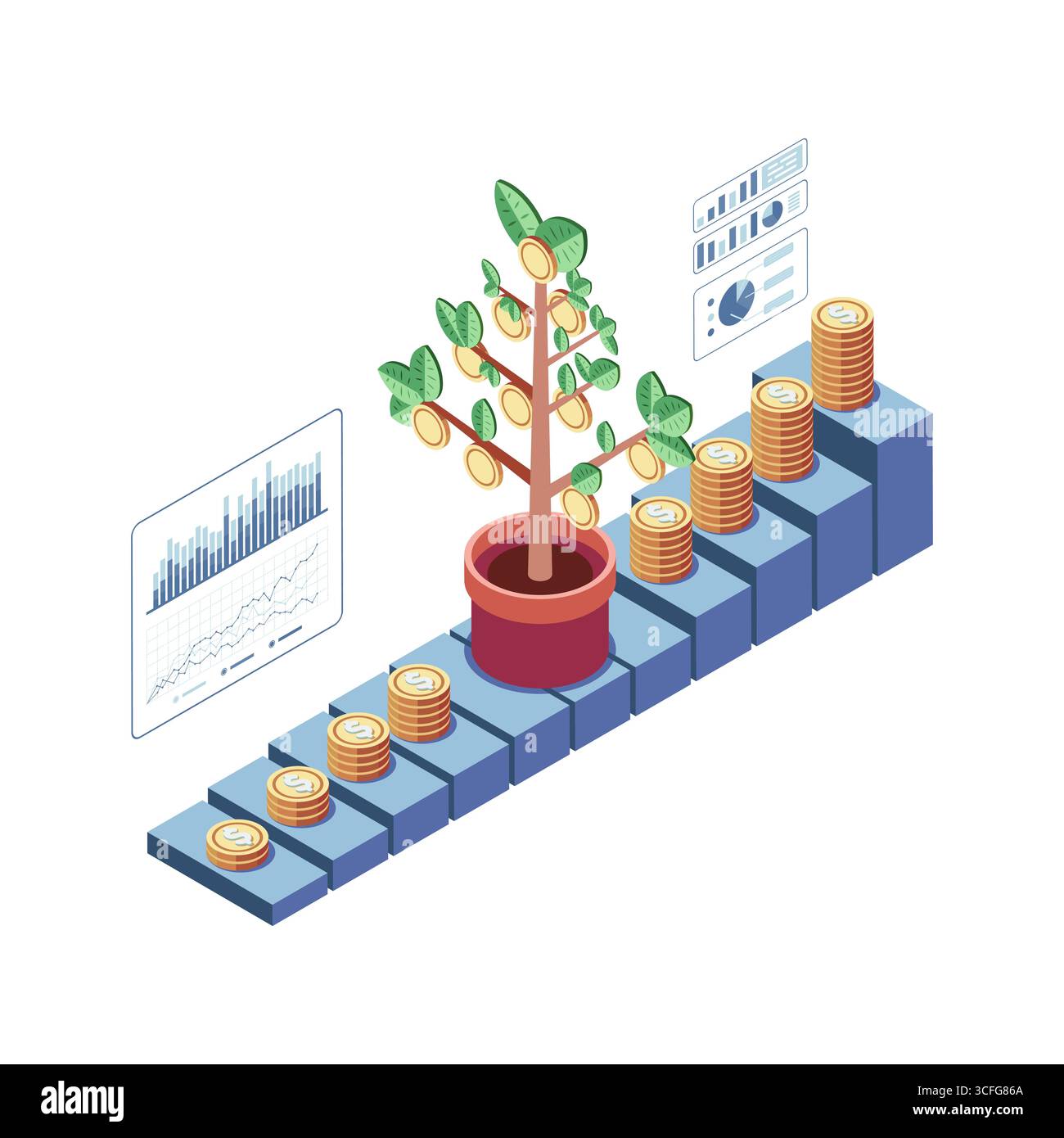 Isometric Long Term Investment and Financial growth Chart with Money ...