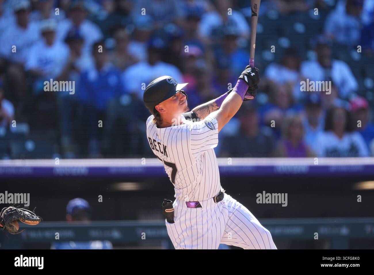 Colorado Rockies left fielder Jordan Beck (27) in the eighth inning of ...