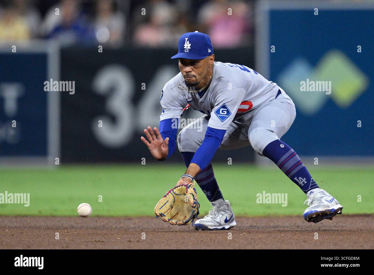Los Angeles Dodgers shortstop Mookie Betts fields a ground ball during ...