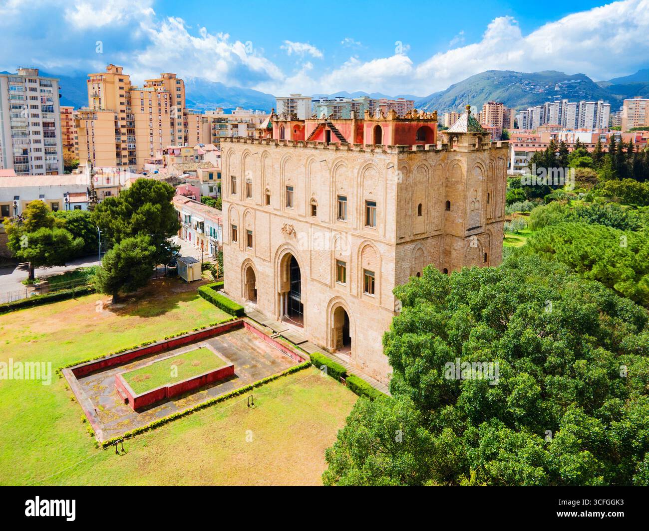 Zisa Palace or Palazzo della Zisa aerial panoramic view in Palermo ...