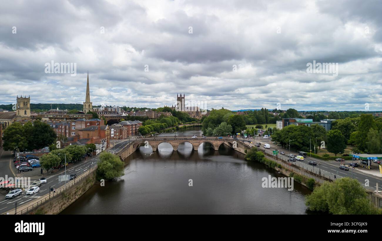 Aerial drone view of Worcester Cathedral, Worcester Bridge and the ...