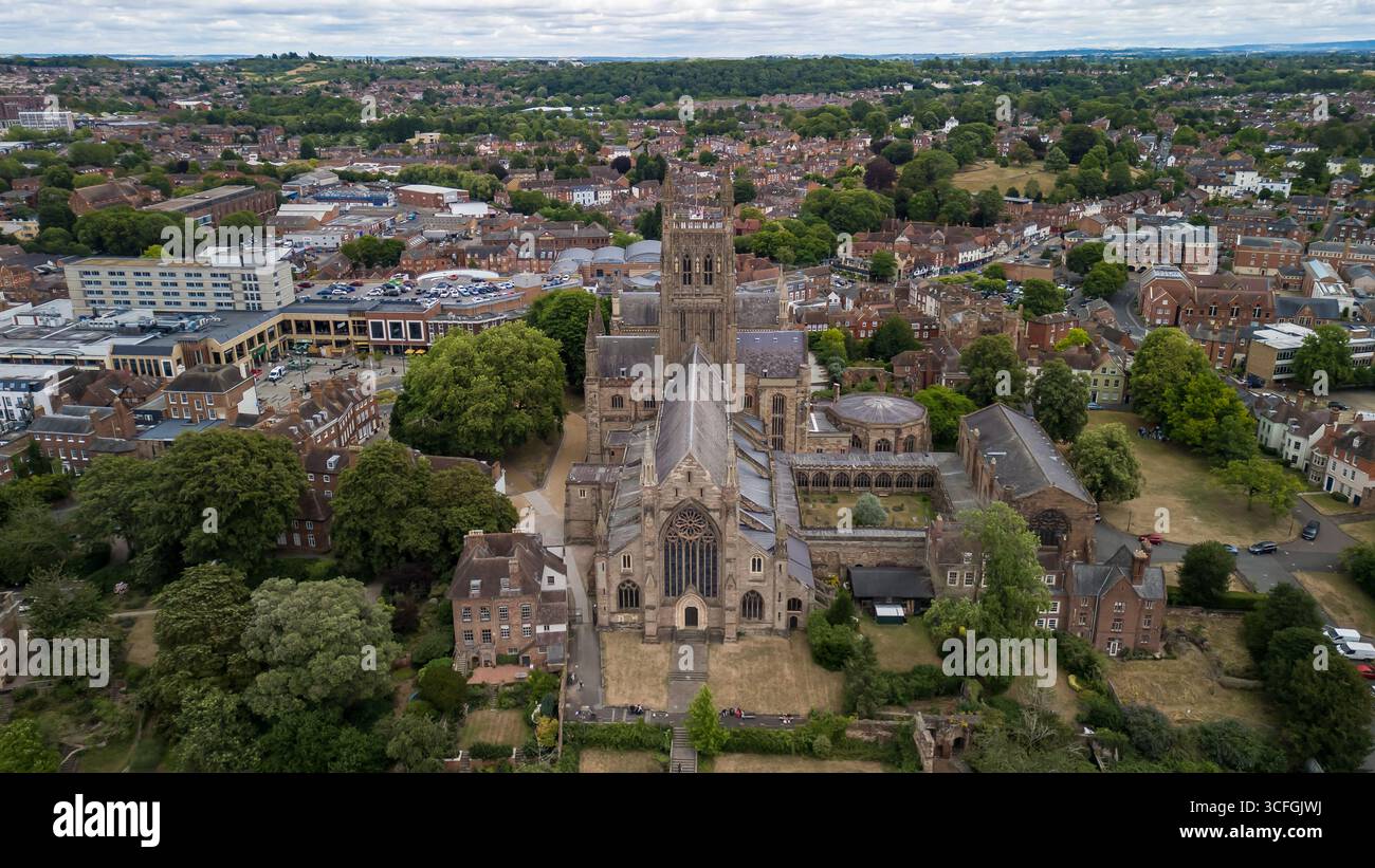 Aerial drone view of Worcester Cathedral, Worcester Bridge and the ...