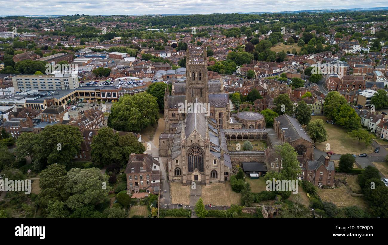 Aerial drone view of Worcester Cathedral, Worcester Bridge and the ...