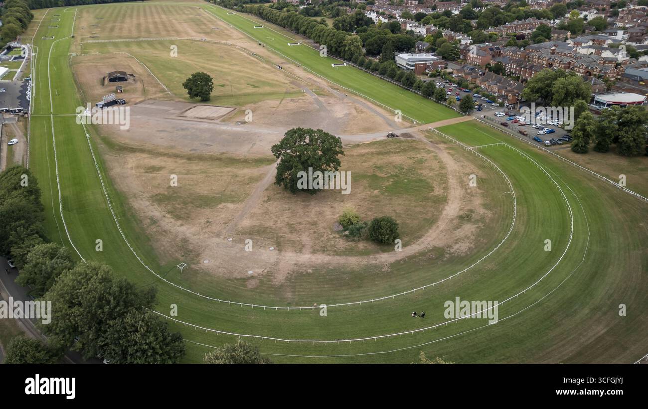Aerial drone view of Worcester Racecourse (Pitchcroft) beside the River ...