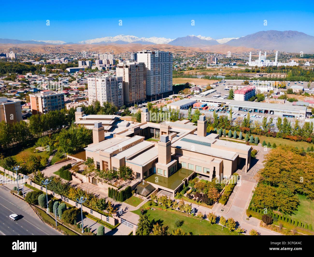 The Ismaili Centre aerial panoramic view in Dushanbe. Dushanbe is the ...