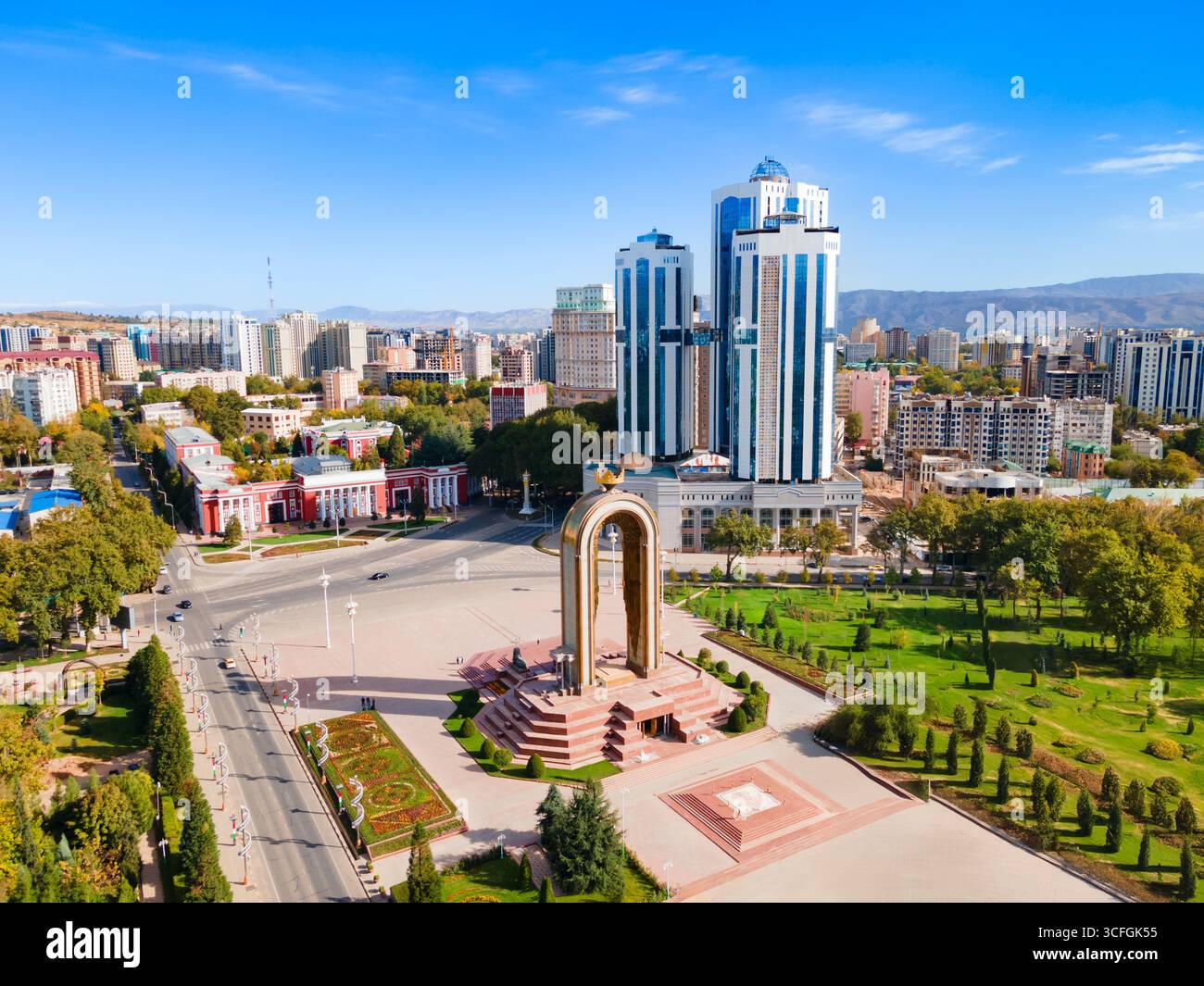 Dushanbe city aerial panoramic view. Dushanbe is the capital city of ...