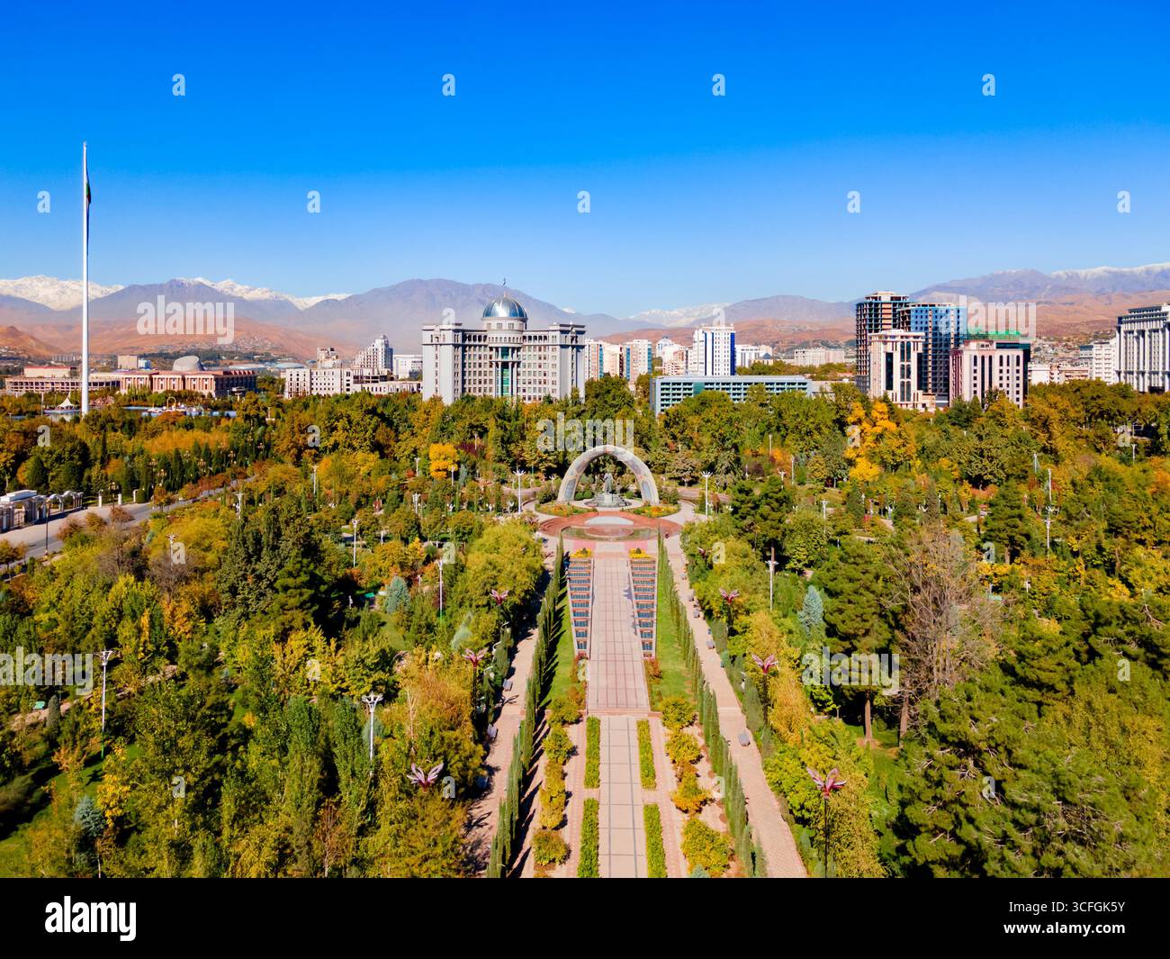 Rudaki Park aerial panoramic view in Dushanbe city centre. Dushanbe is ...