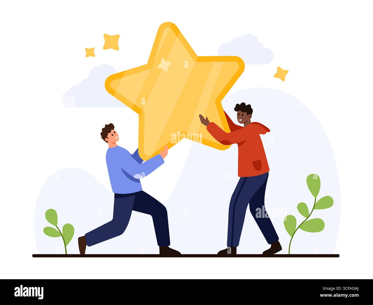Two people holding a large golden star symbolizing positive feedback ...