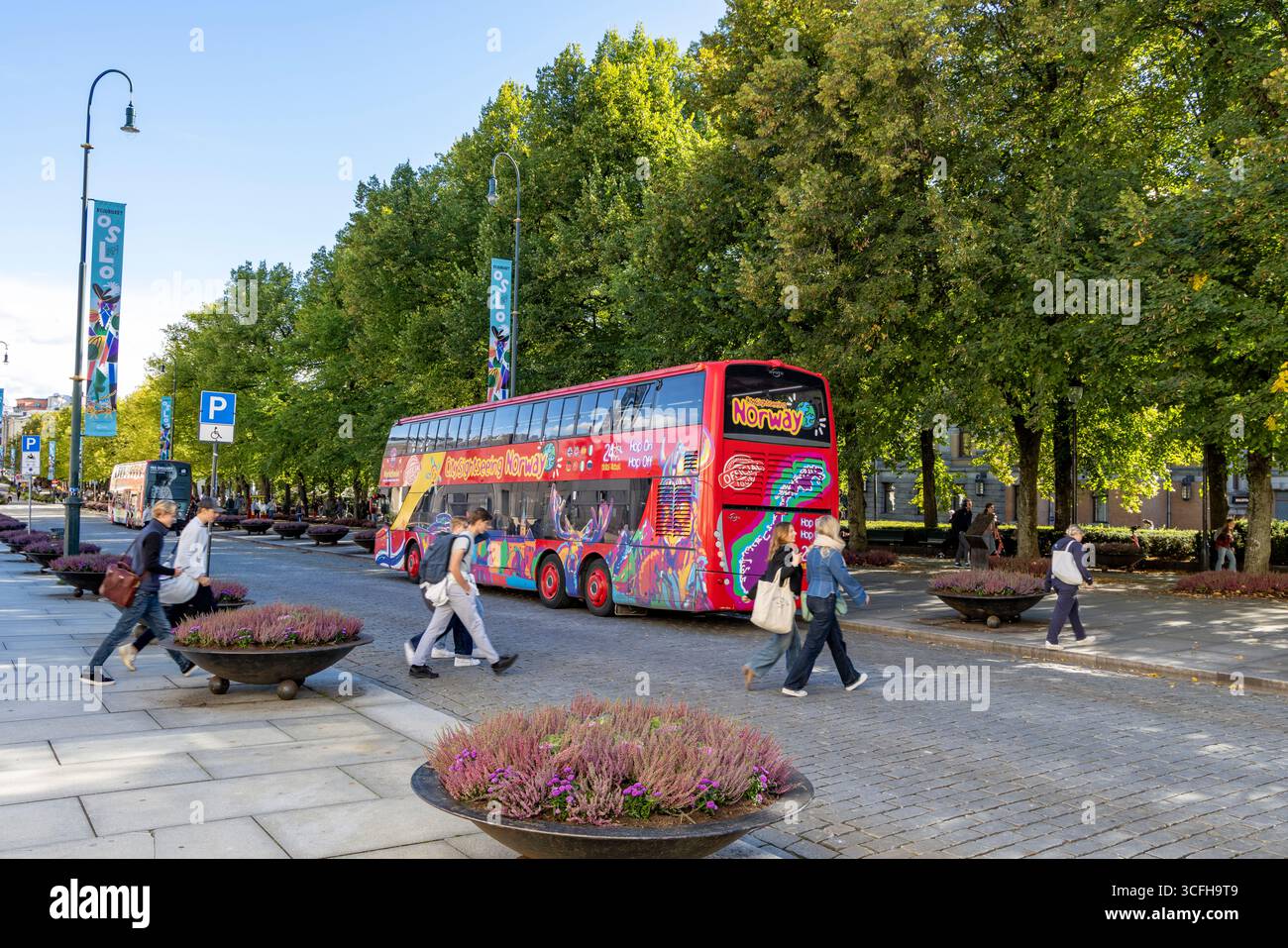 Oslo city centre, Oslo red double decker sightseeing bus parked on Karl ...