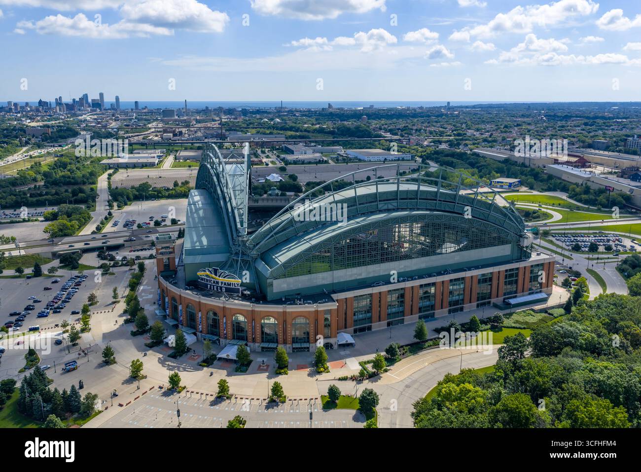 Aerial view of American Family Field in Milwaukee, with its iconic fan ...