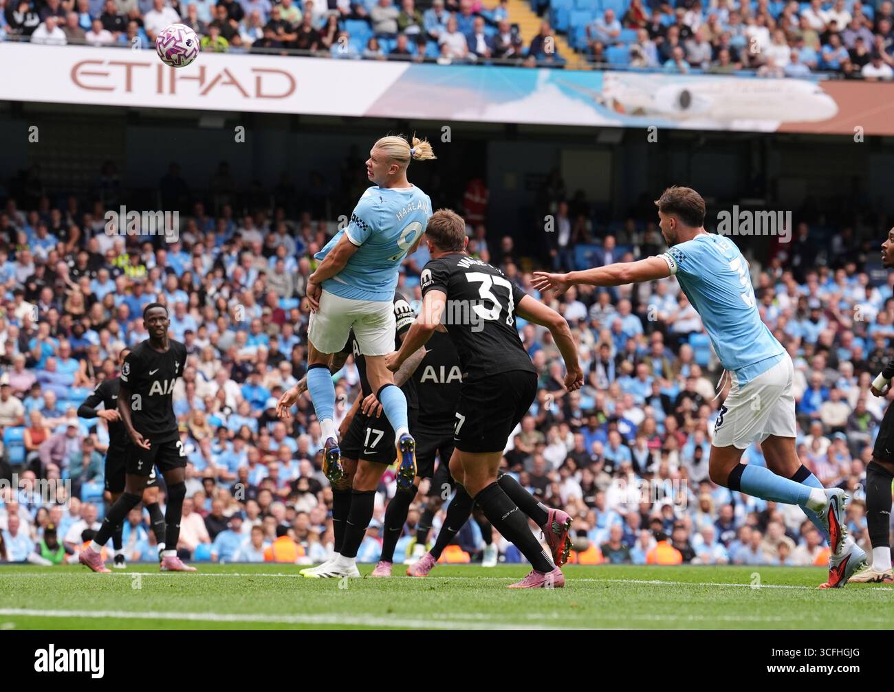 Manchester City's Erling Haaland misses a header during the Premier ...
