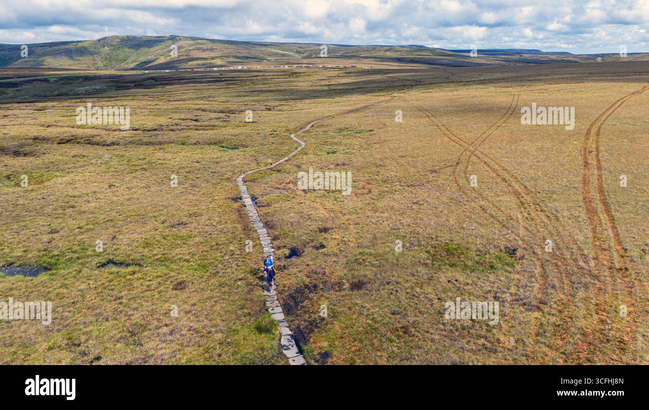 Drone photo of two walkers on flagged footpath, Pennine Way, Kinder ...