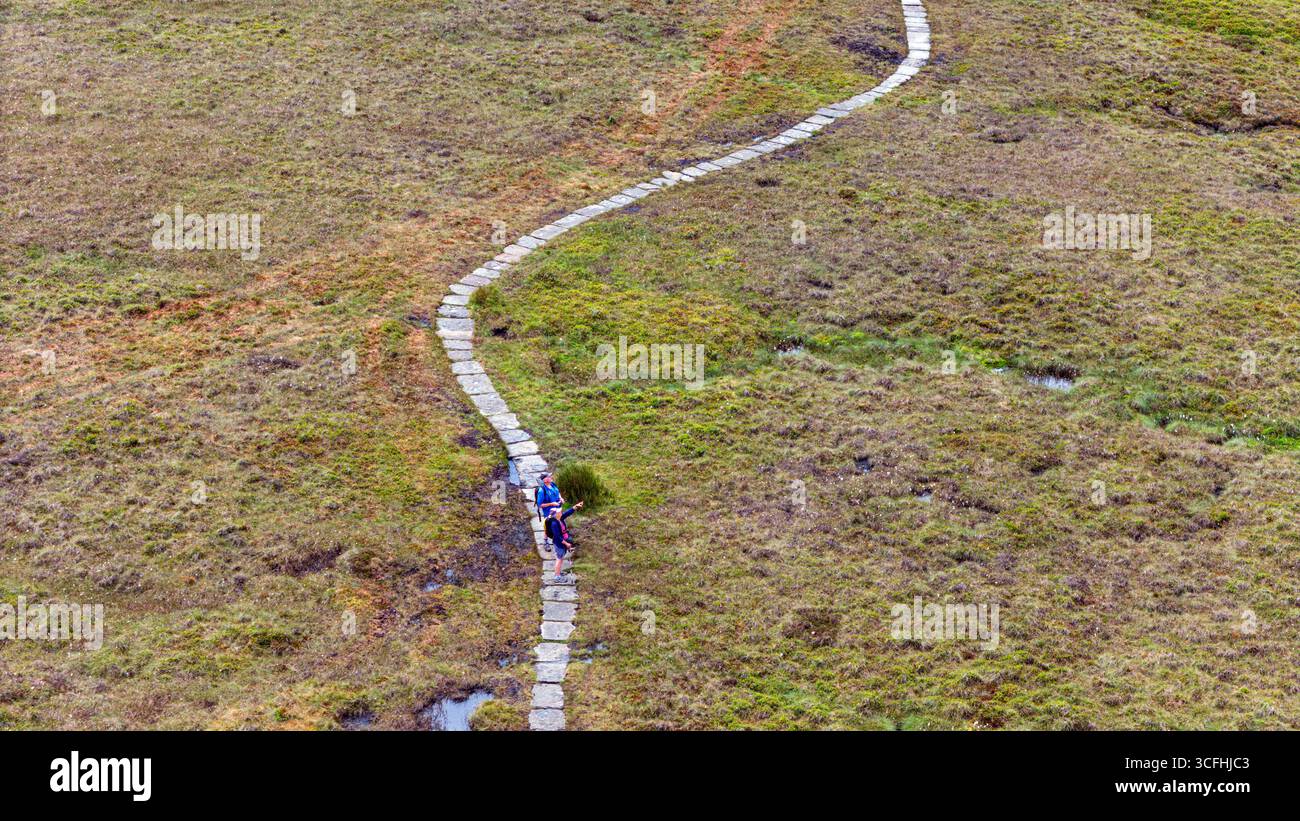 Drone photo of two walkers on flagged footpath, Pennine Way, Kinder ...