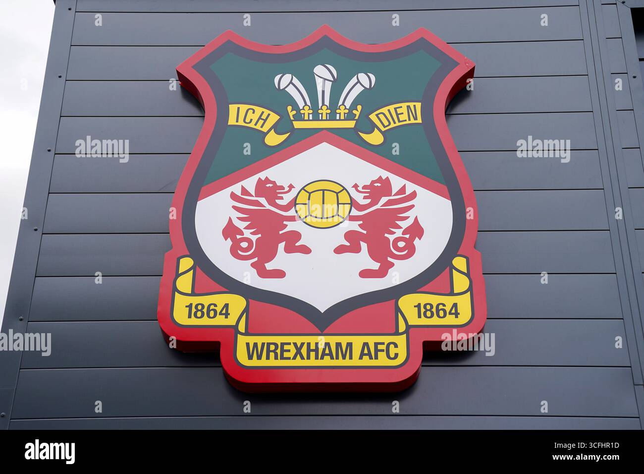 Wrexham AFC Club Crest, General View outside the Stadium during the ...