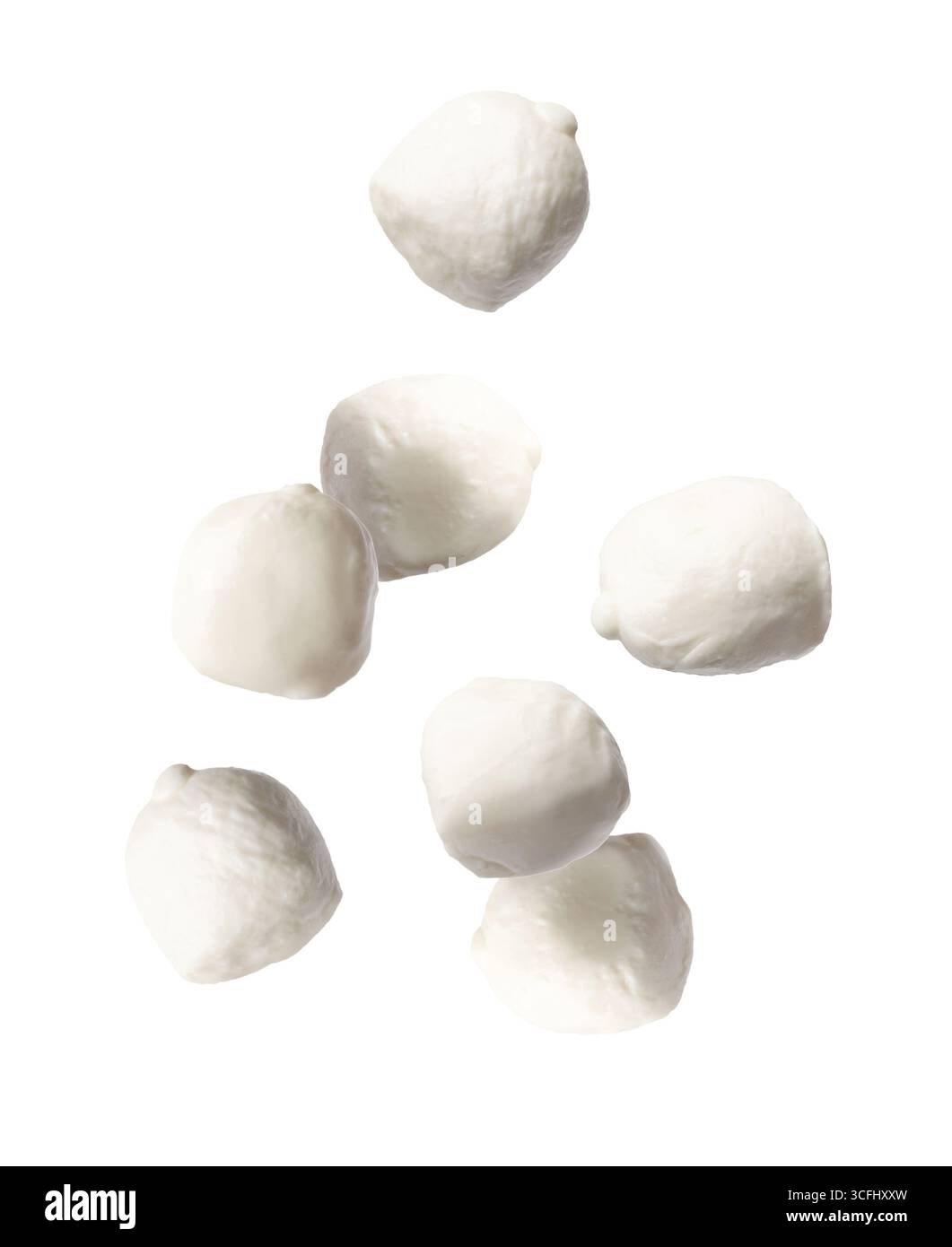 Mozzarella cheese balls falling on white background Stock Photo - Alamy