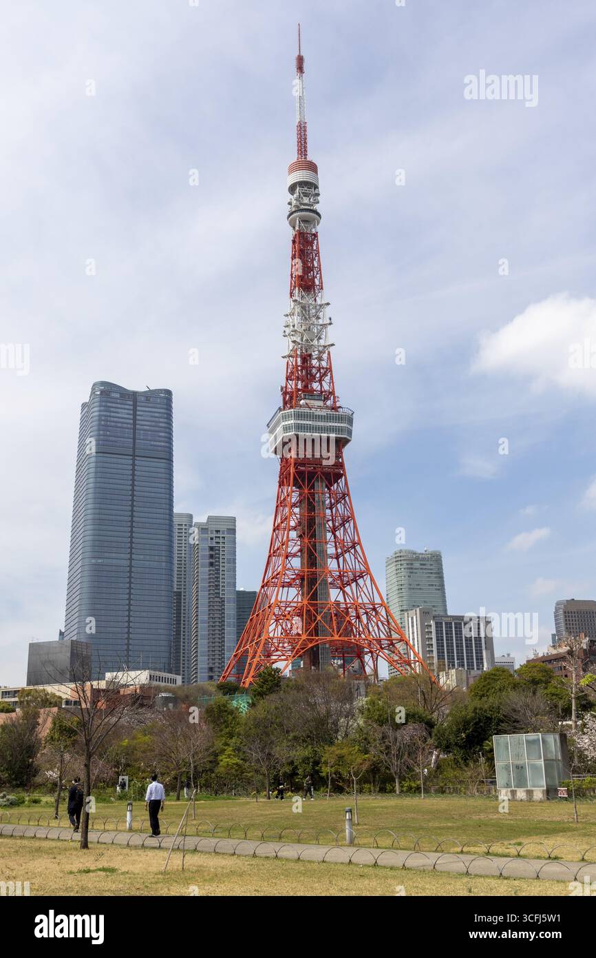 Landmark, tourist attraction, Tokyo Tower and walkers in Shiba Park ...
