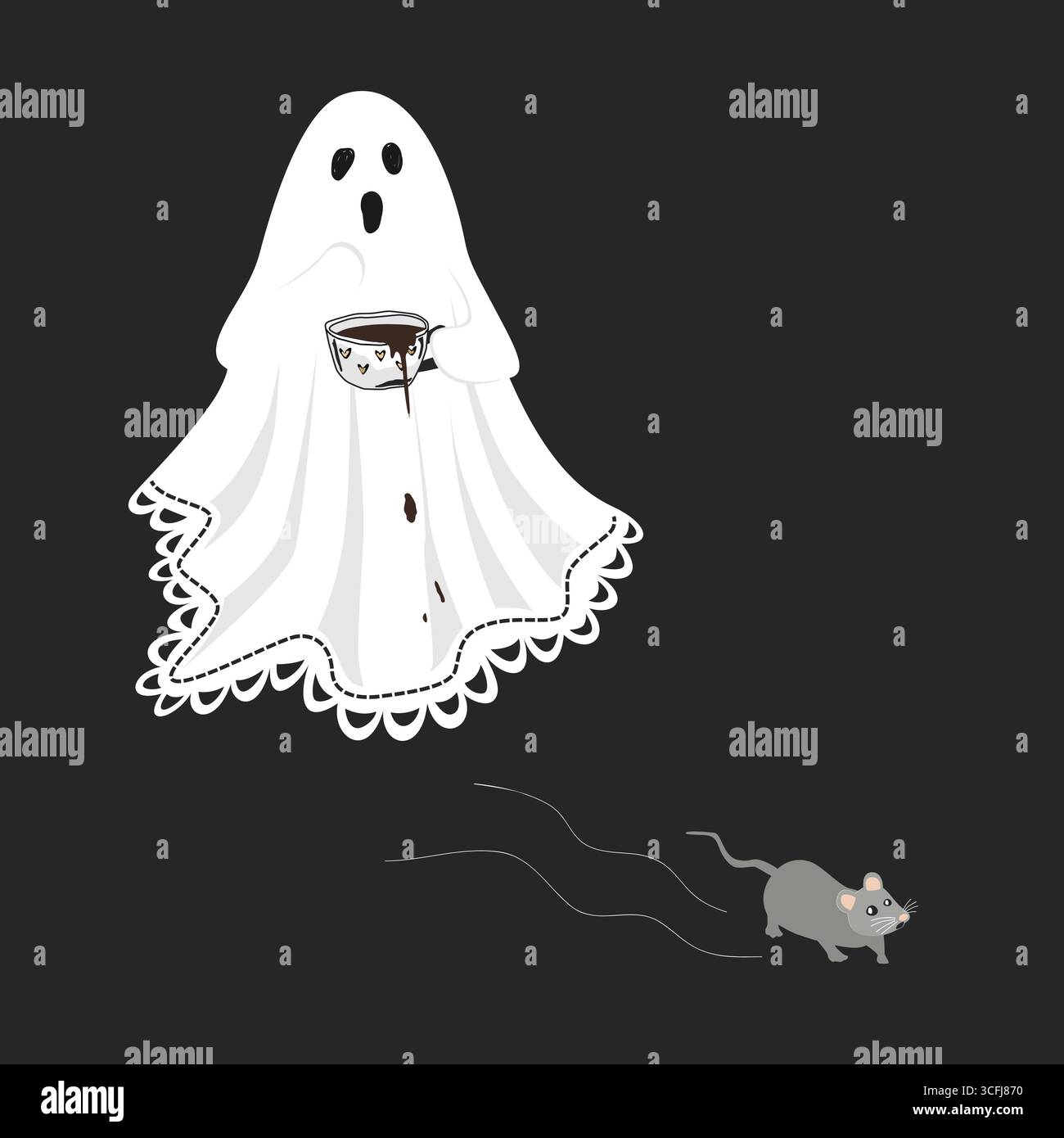 A cute scared lace-sheet ghost scared of a running mouse and spilling a ...