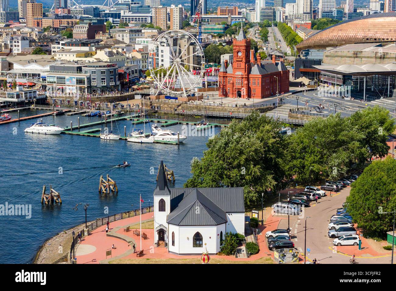 Aerial drone view of Cardiff Bay showing the Norwegian Church and ...