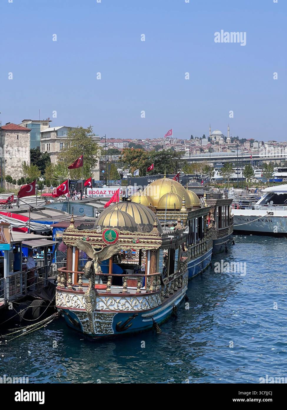 Traditional Ottoman-style boats with golden domes docked at the harbor ...