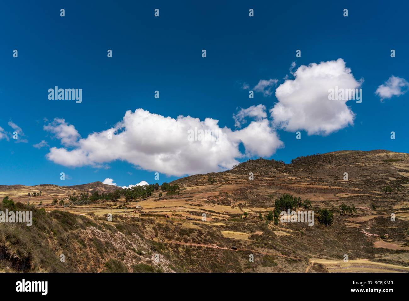 Scenic Andean landscape in Cusco, Peru, with cultivated fields, rolling ...