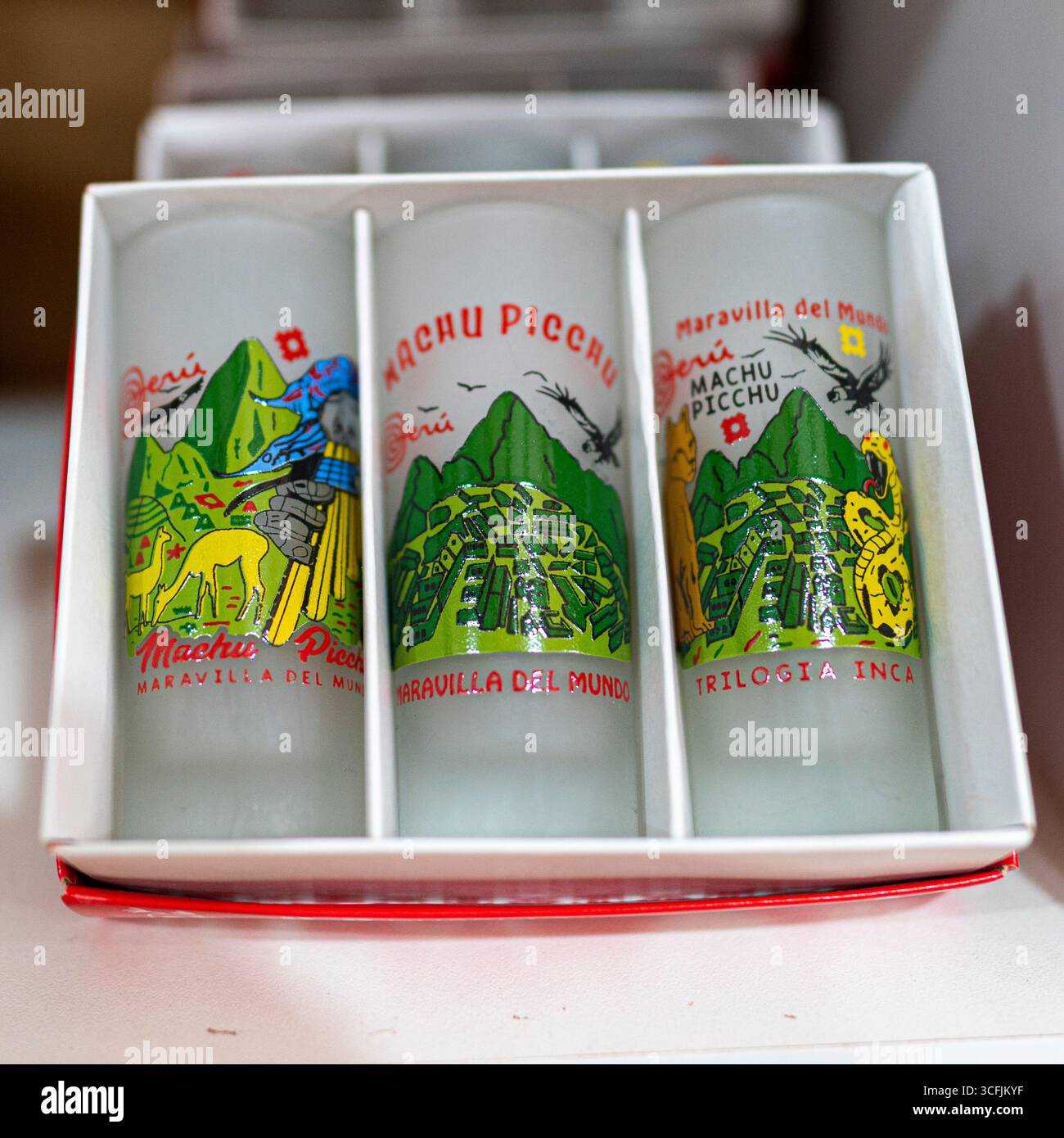 Set of souvenir glasses decorated with Machu Picchu and Inca trilogy ...