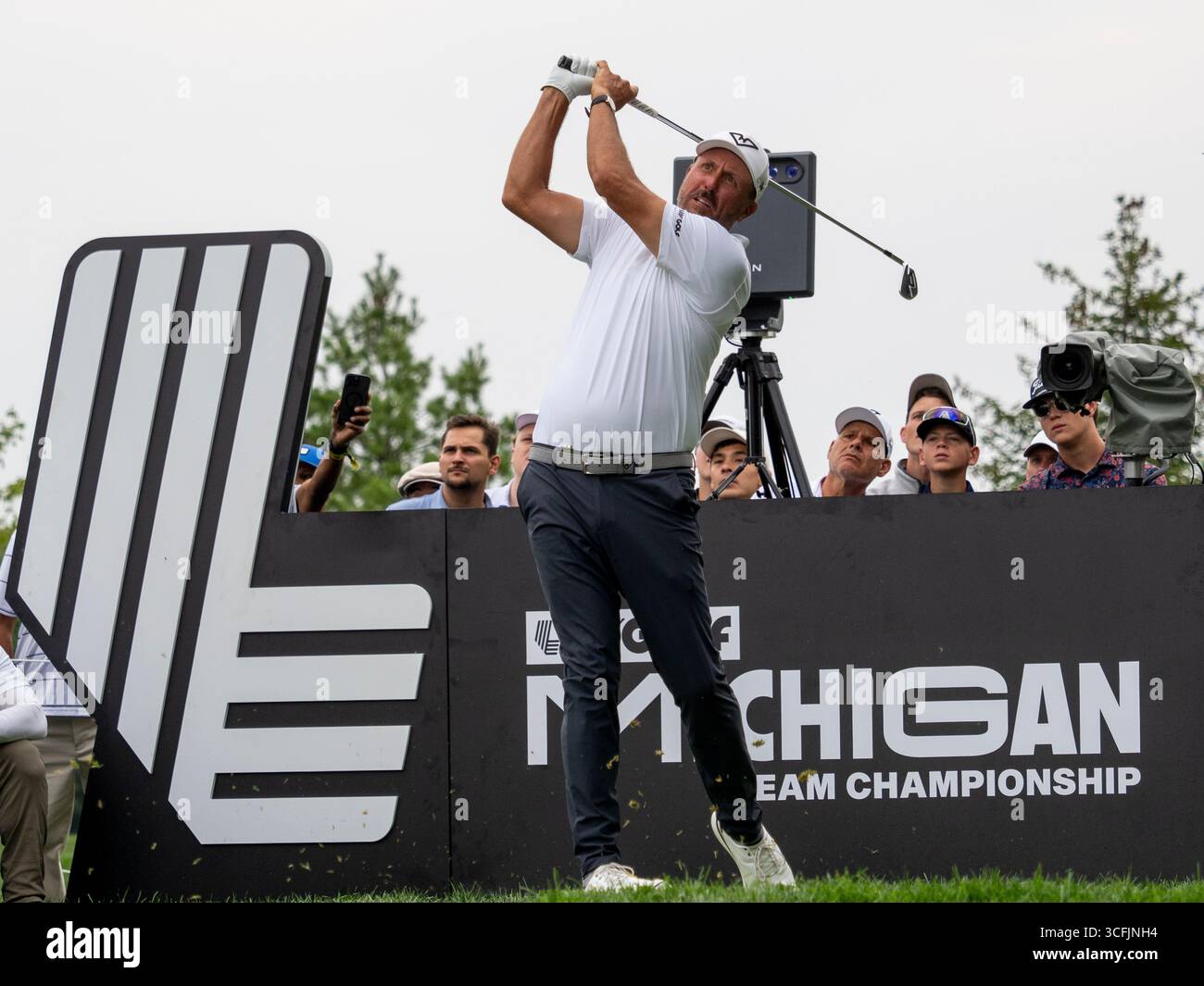 PLYMOUTH, MI - AUGUST 23: Phil Mickelson tees off during round two of ...