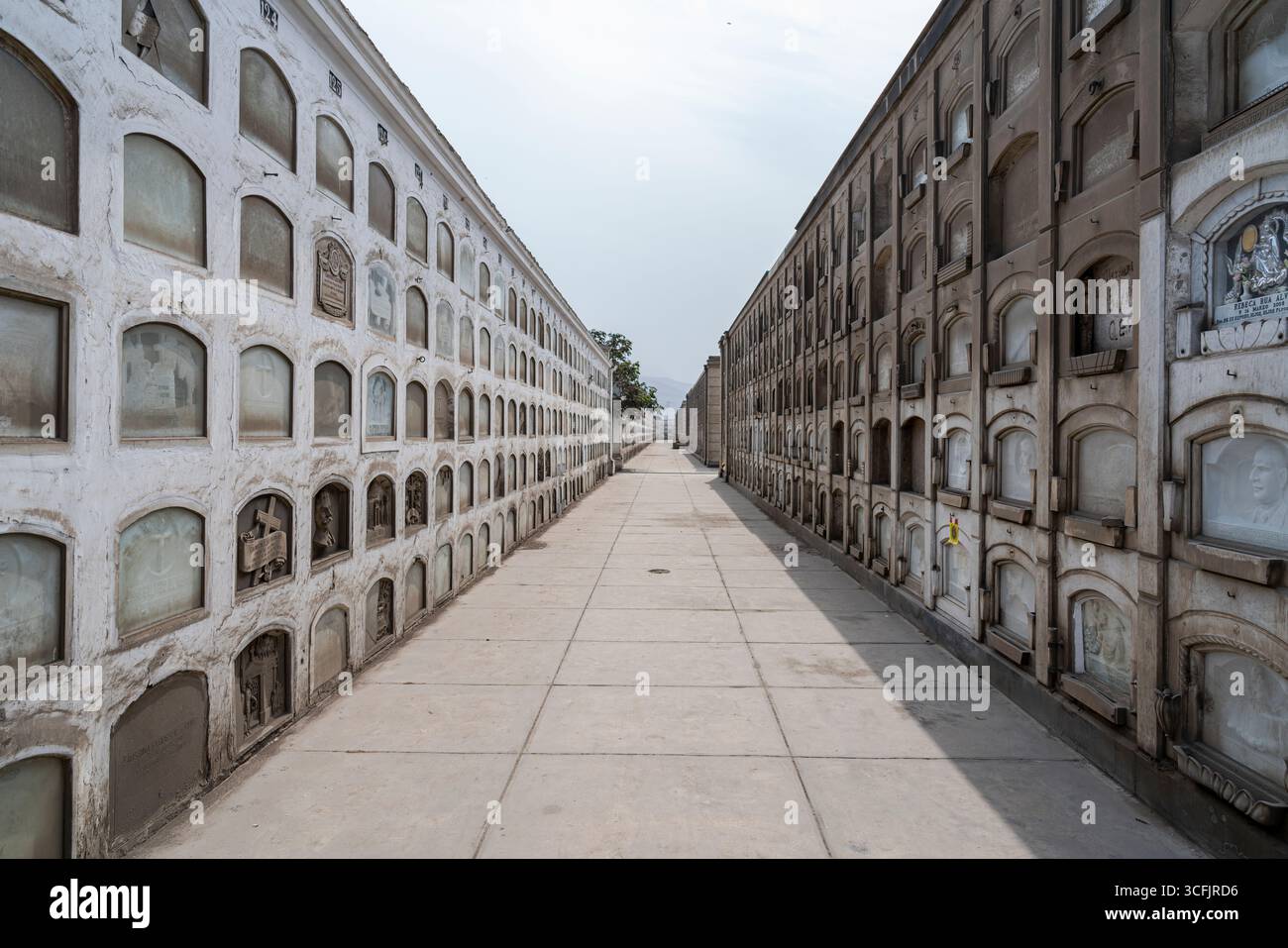 Symmetrical walkway between historic mausoleum walls filled with burial ...