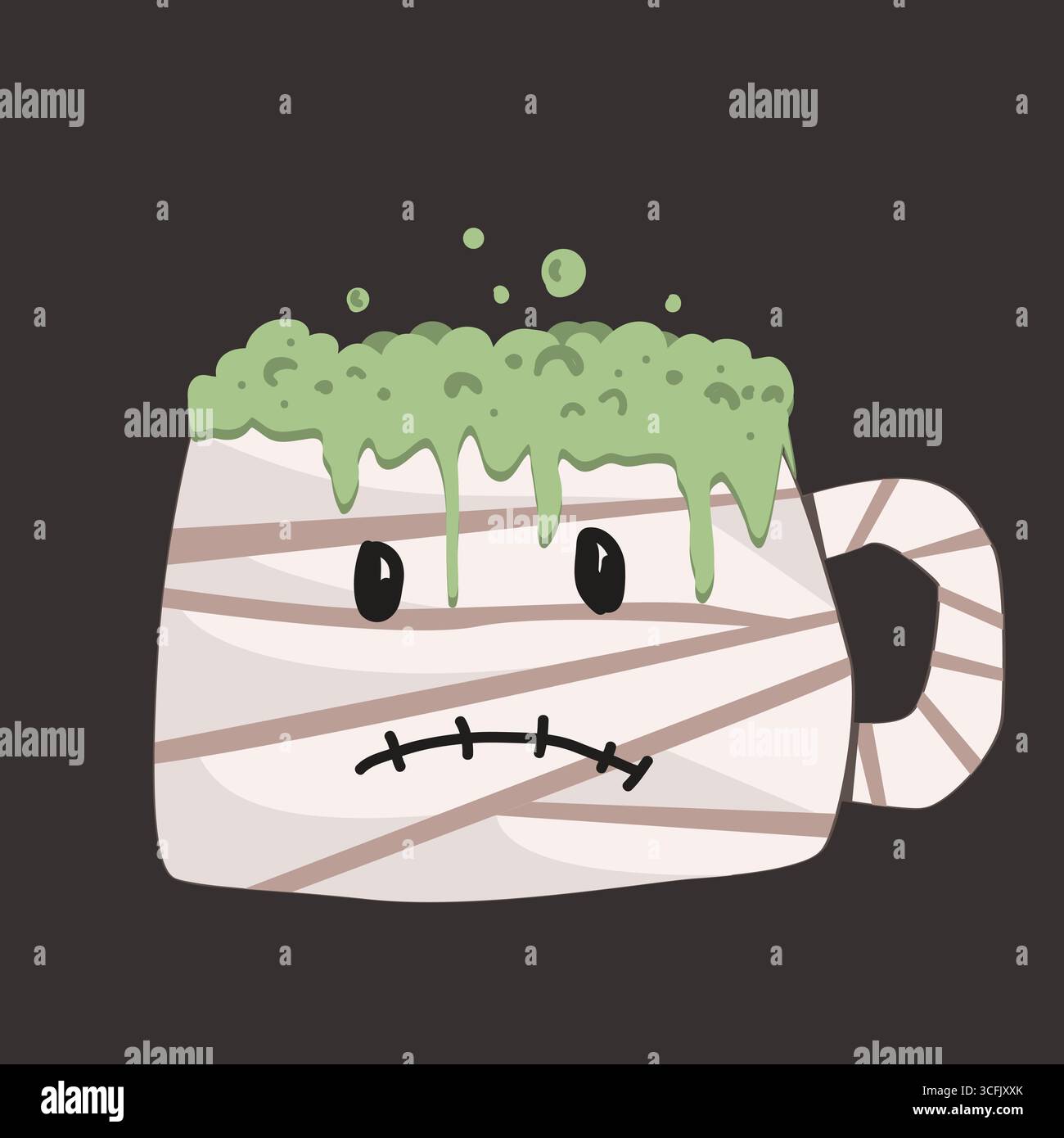 Funny mummy monster mug with a strange green drink. Halloween design ...