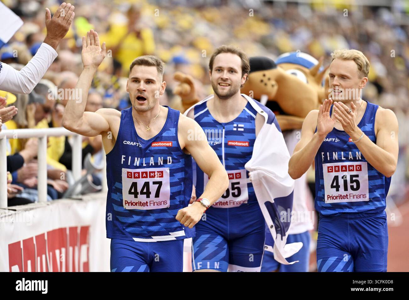 Elmo Lakka (L), Juuso Peltola and Elmo Lakka of Finland celebrate after ...