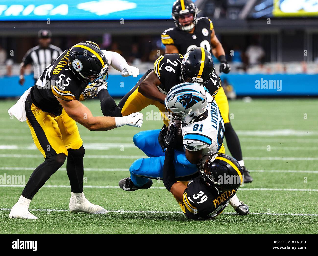 August 21, 2025: Panthers wide receiver T.J. Luther (81) gets tackled ...