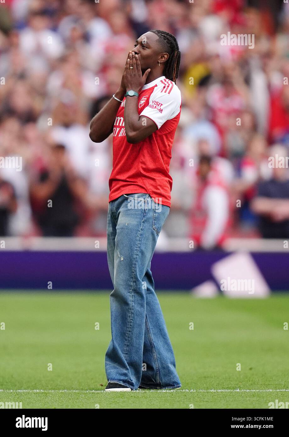 New Arsenal player Eberechi Eze is introduced to the fans ahead of the ...