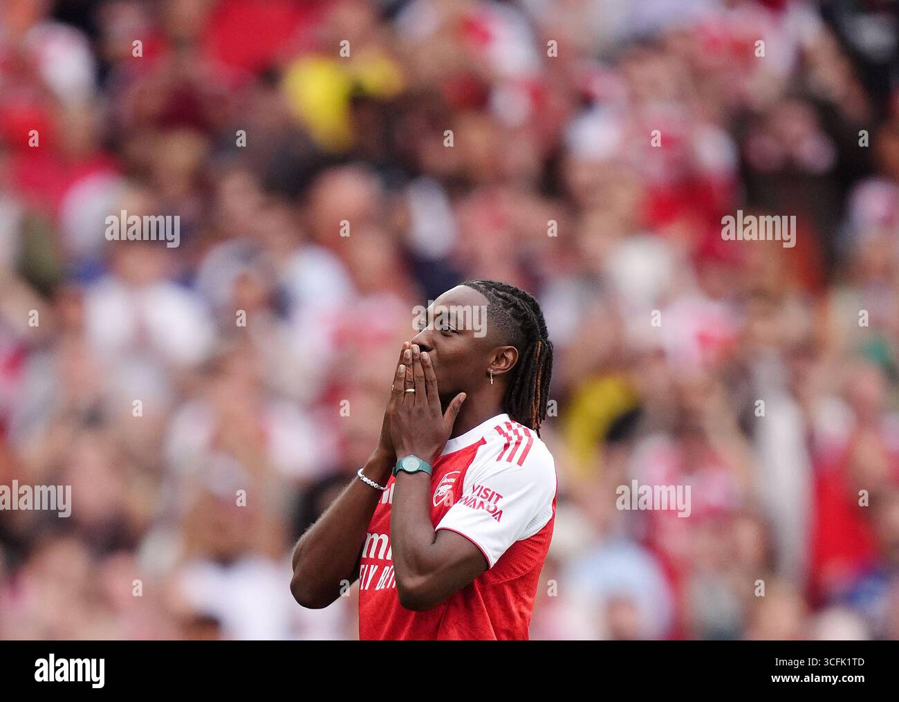 New Arsenal player Eberechi Eze is introduced to the fans ahead of the ...
