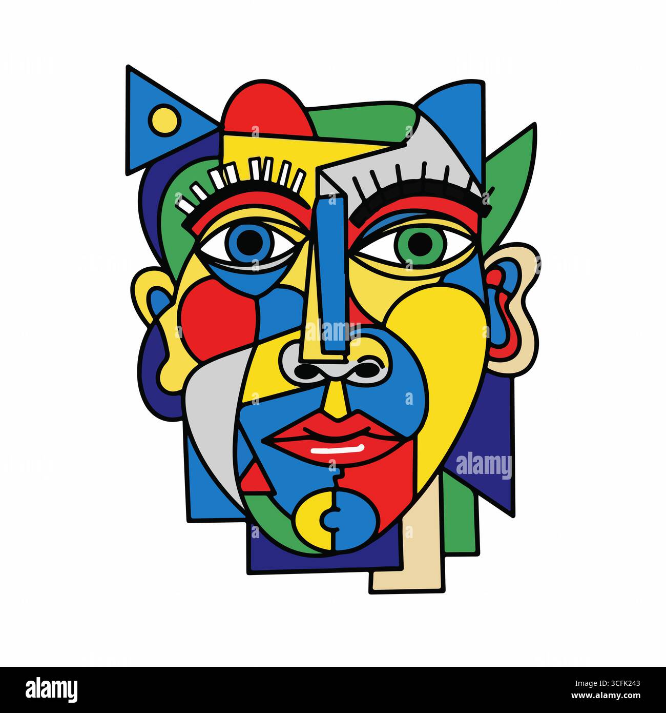 Abstract cubist portrait of a colorful, geometric face with bold lines ...