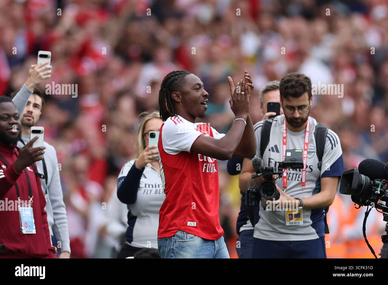 Arsenal's new player Eberechi Eze is introduced to the fans before the ...