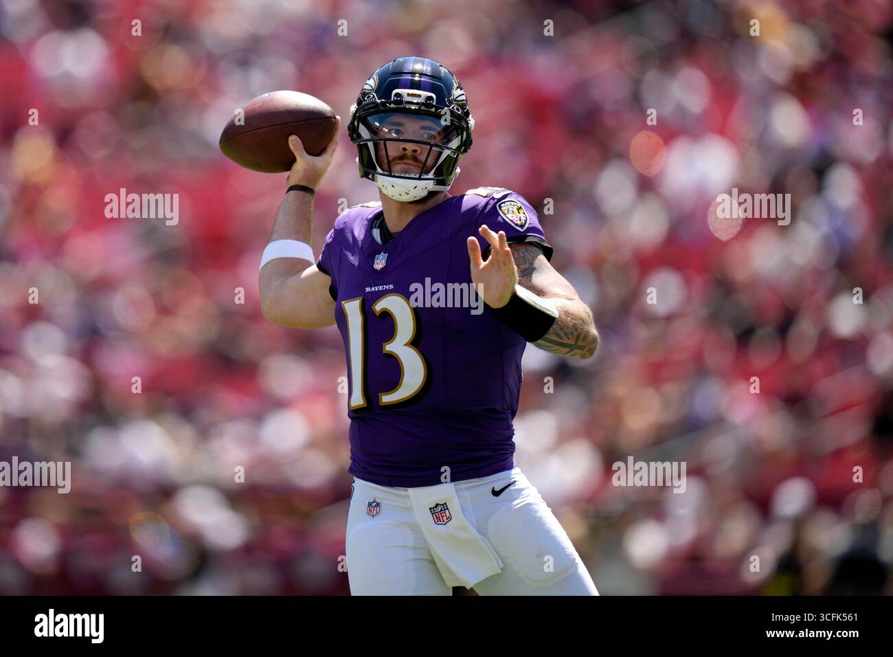Baltimore Ravens quarterback Devin Leary (13) throws during the first ...