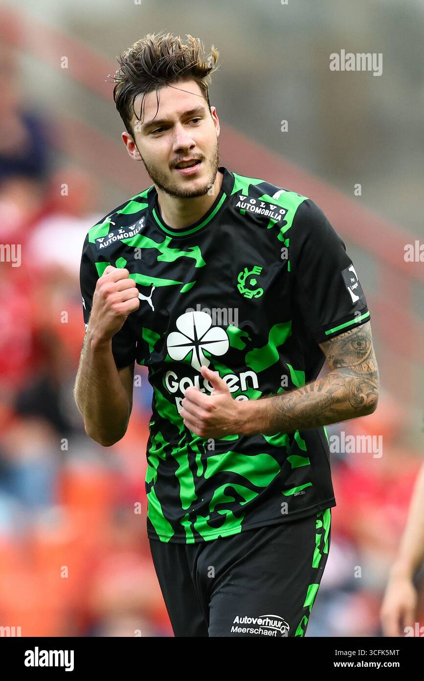 Cercle's Edgaras Utkus celebrates after scoring during a soccer match ...