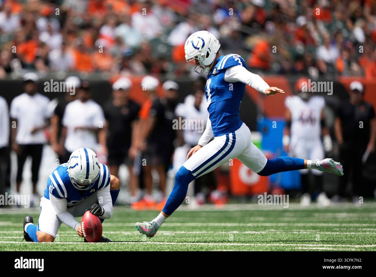 Indianapolis Colts place kicker Spencer Shrader kicks a field goal out ...