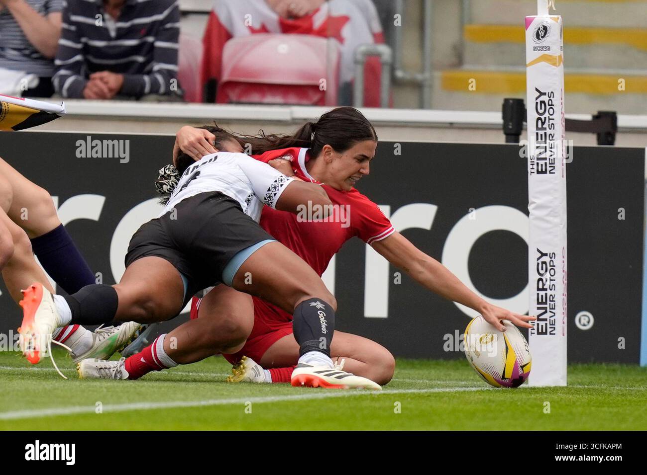 Canada's Julia Schell scores a try during the Women's Rugby World Cup ...
