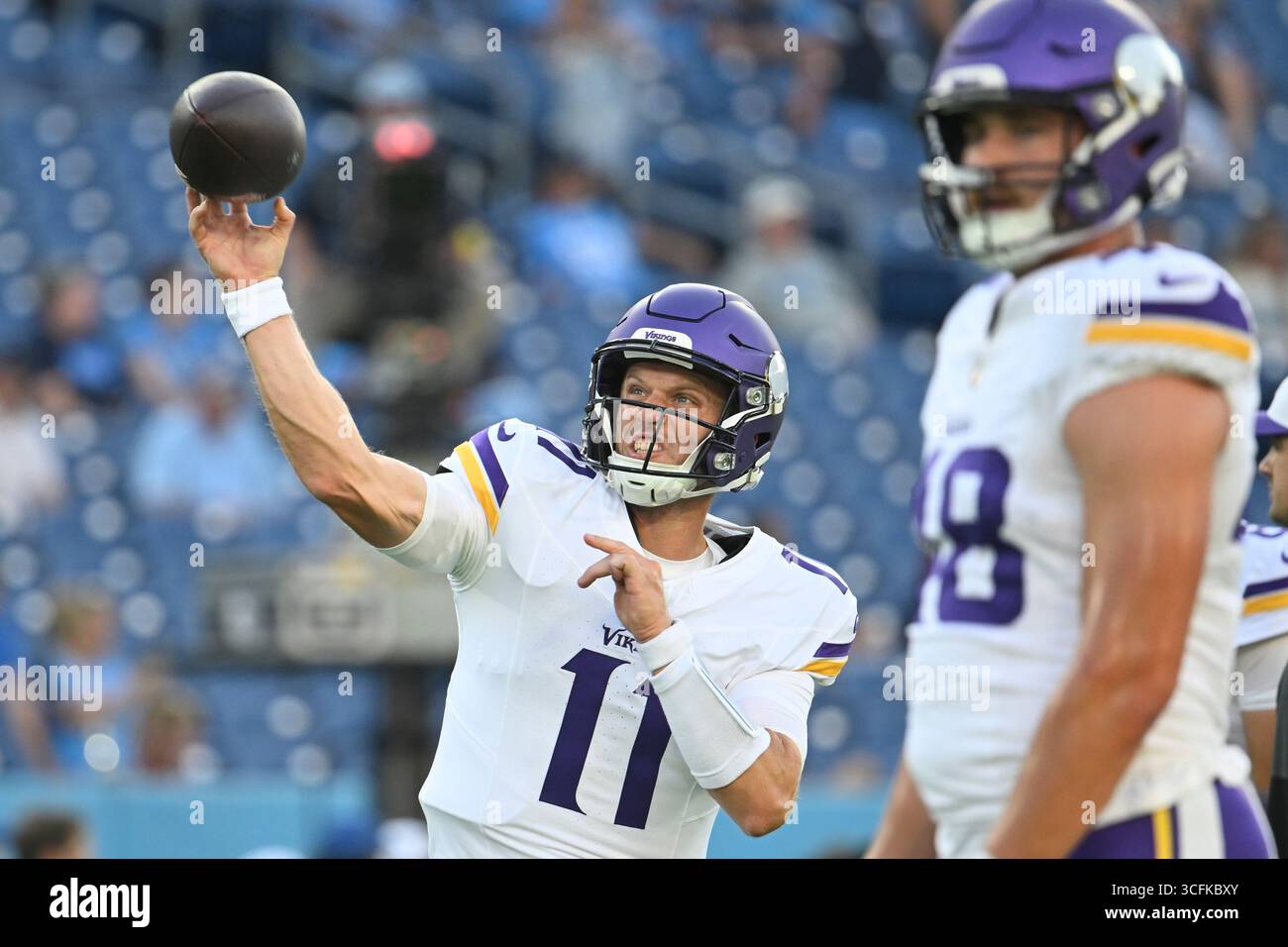 Minnesota Vikings quarterback Brett Rypien (11) warms up against the ...