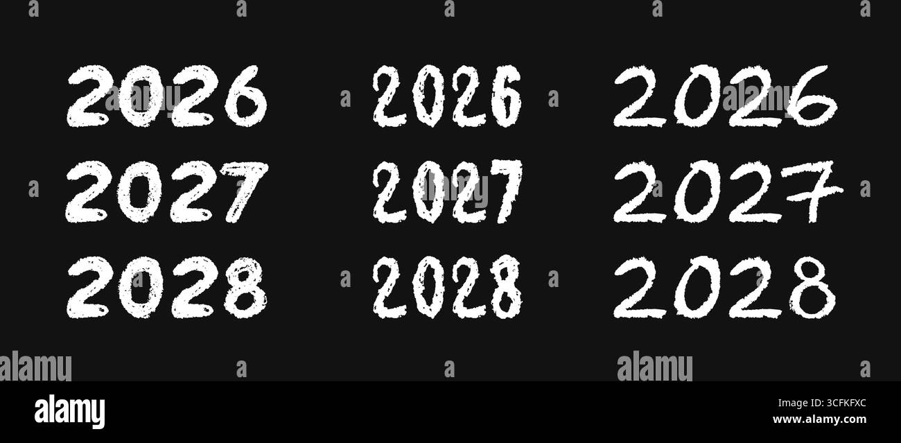 Collection of squiggle handwritten year signs 2026, 2027, 2028. Vector ...