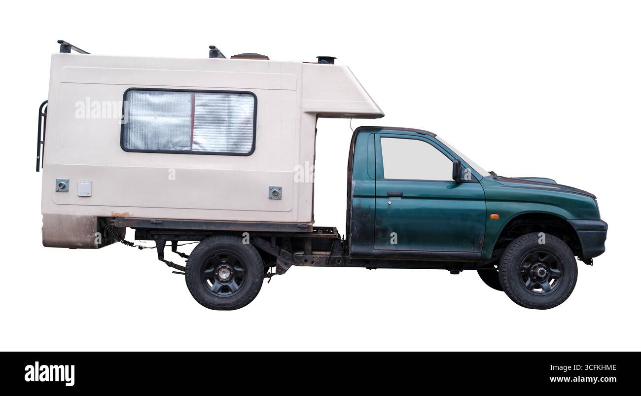Rustic Pickup Truck Converted Into A Campervan, Isolated On A White ...