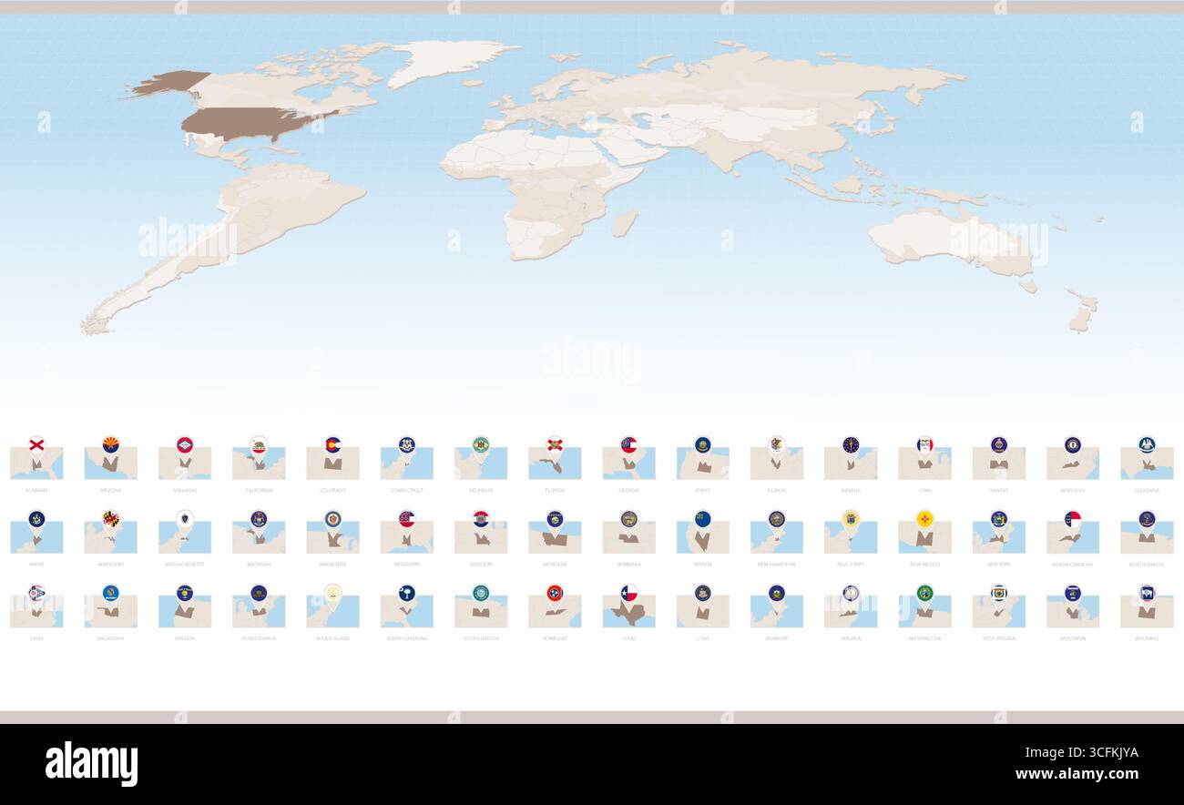 Rectangular Maps of US State with Flag Pins. US State Map Collection ...