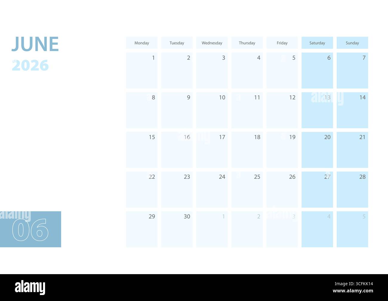 Calendar template for the June 2026, the week starts on Monday. The ...